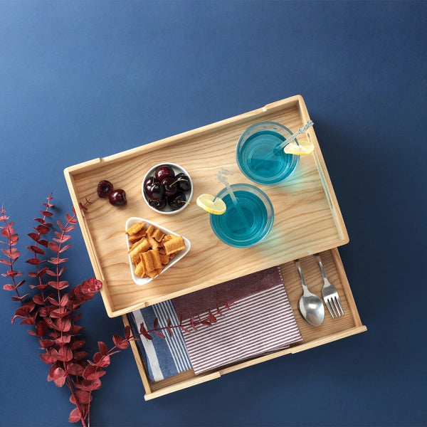 Cresta Ash Wood Serving Tray with Multipurpose Drawer- Utopia Choice